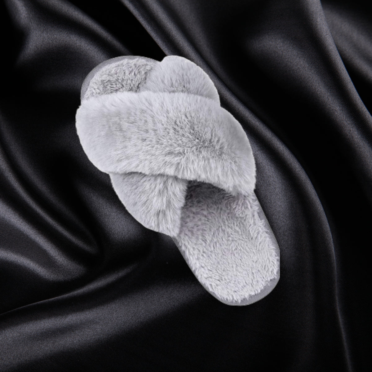 Grey Plush Cross Slippers – Dramatic Wardrobe